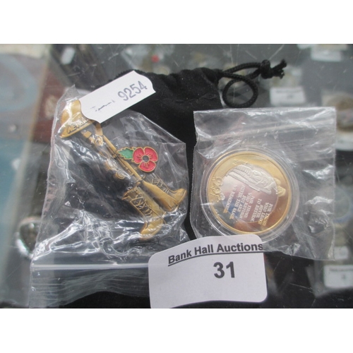 Commemorative Remember, Reflect, Respect coin and Never Forget badge