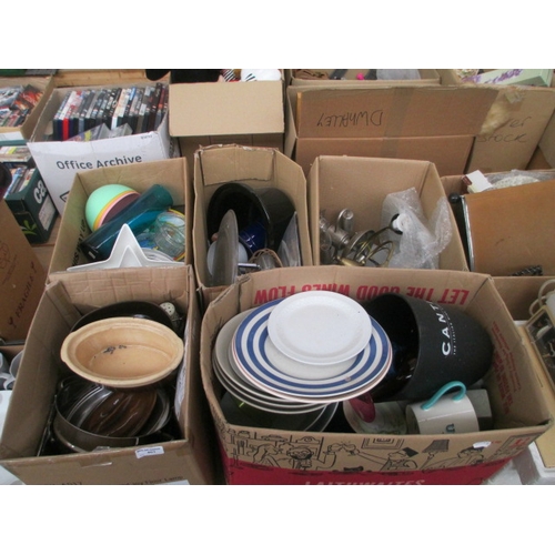 Five boxes inc light fittings, crockery, pans, etc