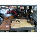 Lot inc decorative wood boxes, bread board, chess set, wooden figurine ...