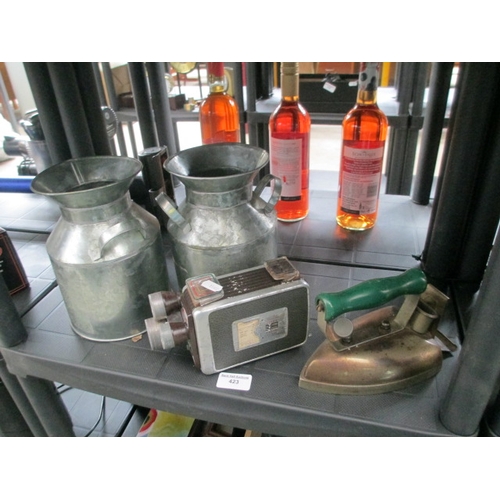 Lot inc small galvanised milk churns, old iron and Brownie film camera