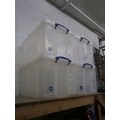 Four 84L plastic storage boxes with lids
