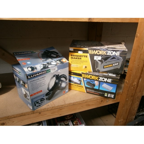 Two Workzone Briquette makers and Livarno cordless torch