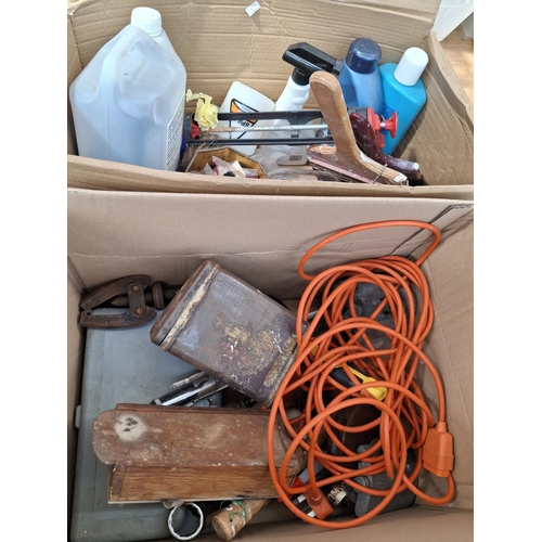 Two boxes inc tools, hardware, maintenance chemicals