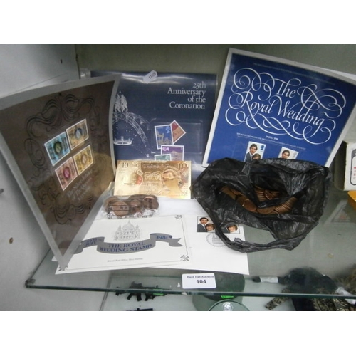 Lot inc Royal commemorative stamps and gilt note and quantity of 2 pence