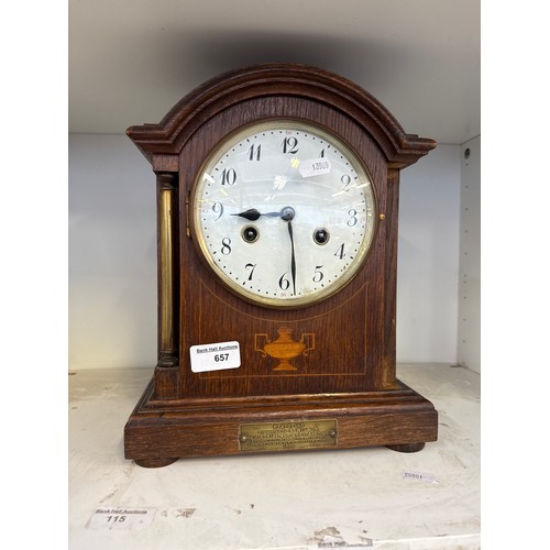 Vintage inlaid mantle clock with key and pendulum