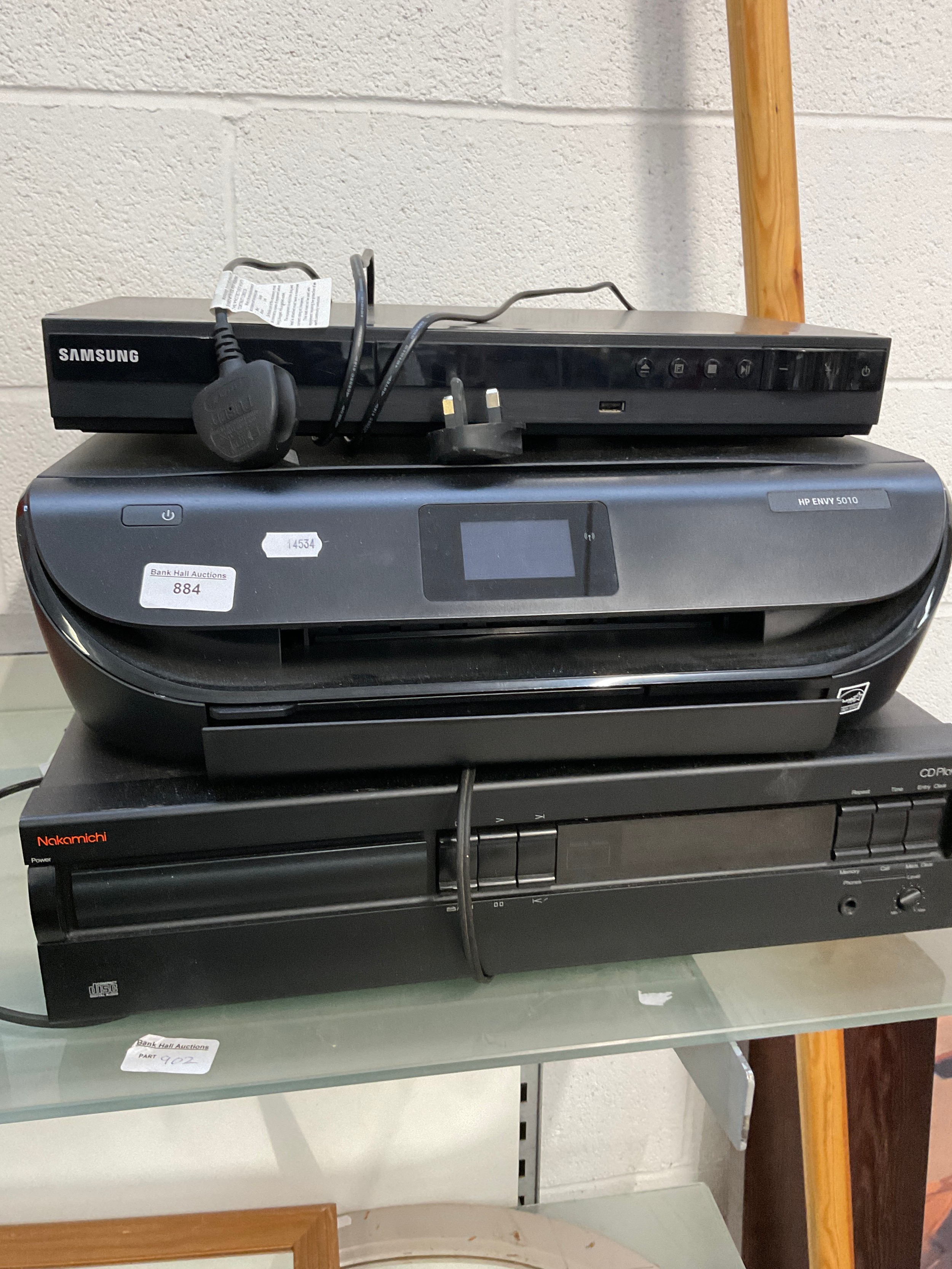 Nakamichi CD player 4. HP Envy printer and Samsung DVD player