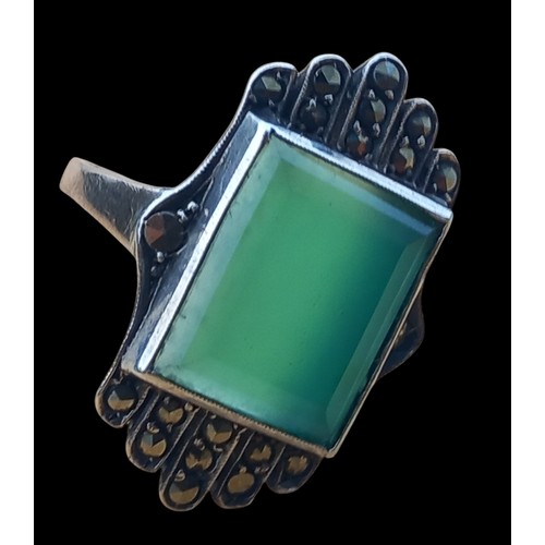 9k GOLD MARCASITE AND JADE ART DECO RING