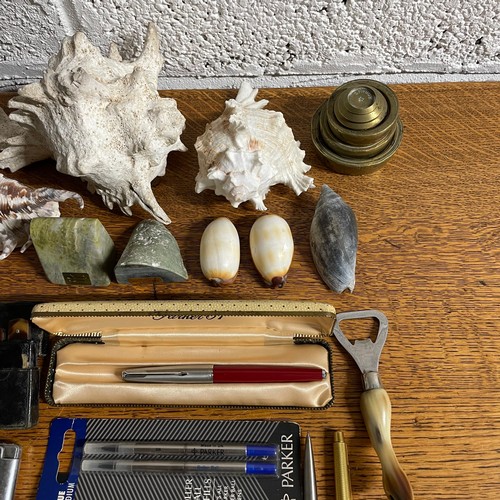 A Large Selection of Items Including Parker Pens, Shells & Coins.