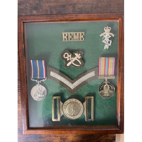 Framed Collection of 2 British Military Medals REME Badges / Buckle ...