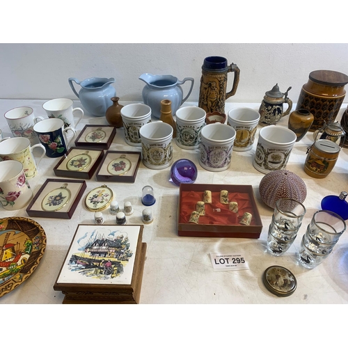 Collection of collectables including trinkets, jugs, hanging plates ...