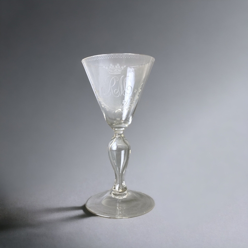 A 19TH CENTURY ENGRAVED WINE GLASS. MONOGRAMMED 'RM' BELOW A CROWN. 17 ...