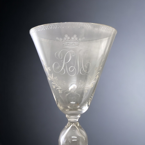 A 19TH CENTURY ENGRAVED WINE GLASS. MONOGRAMMED 'RM' BELOW A CROWN. 17 ...
