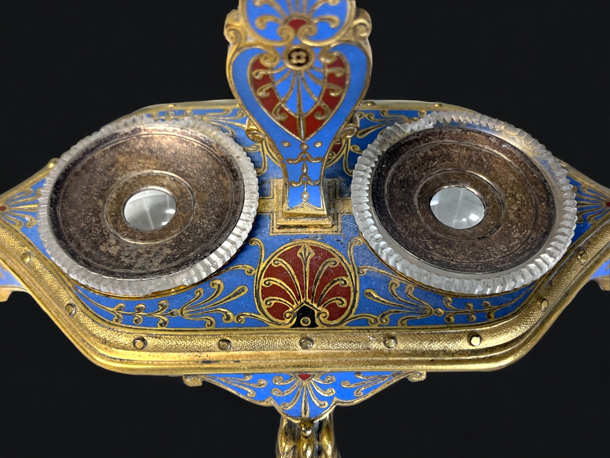AN ELKINGTON ORMOLU & CHAMPLEVE ENAMEL INKSTAND. Raised on four ormolu ...