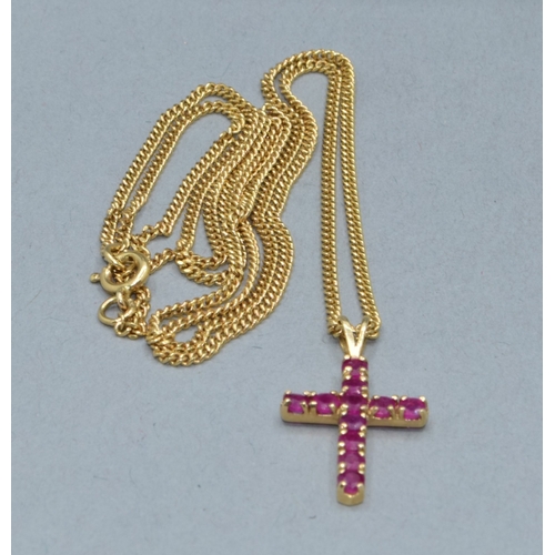 9ct gold Ruby crucifix pendant neckless on a 9ct gold chain of 54cm ...