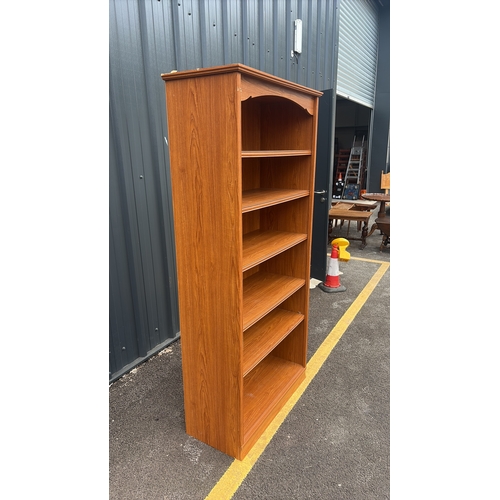 Contemporary teak-effect veneered open bookcase, rectangular form with ...
