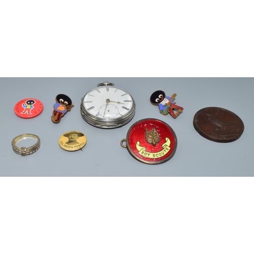 Silver pocket watch, silver ring, various collectable pin badges ...