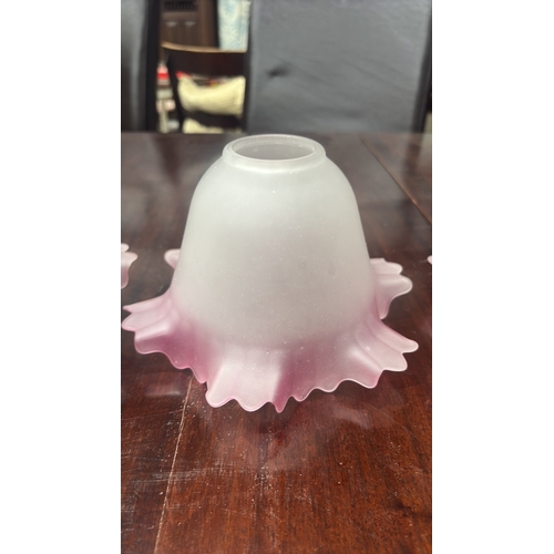 Set of 3 frosted satin glass bell shades, opaline bodies graduating to ...