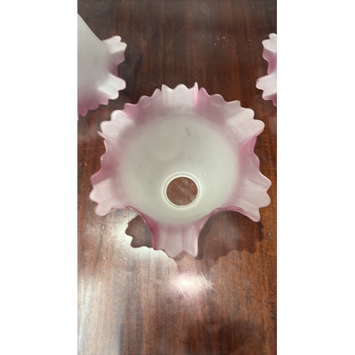 Set of 3 frosted satin glass bell shades, opaline bodies graduating to ...