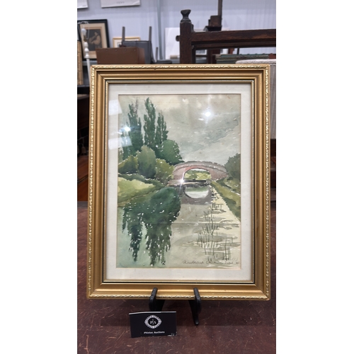 Watercolour on paper, Trowbridge Canal with arched bridge and reflections, signed Thomas Rutter and