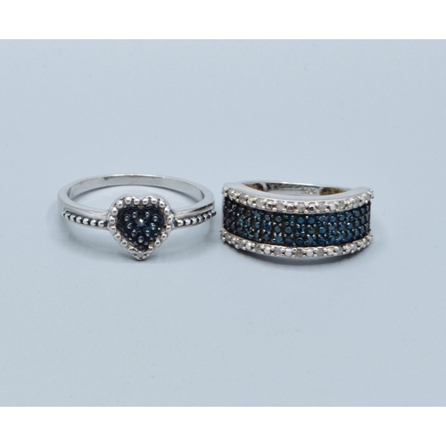2 x Blue accent Diamond 925 silver ring size L and S