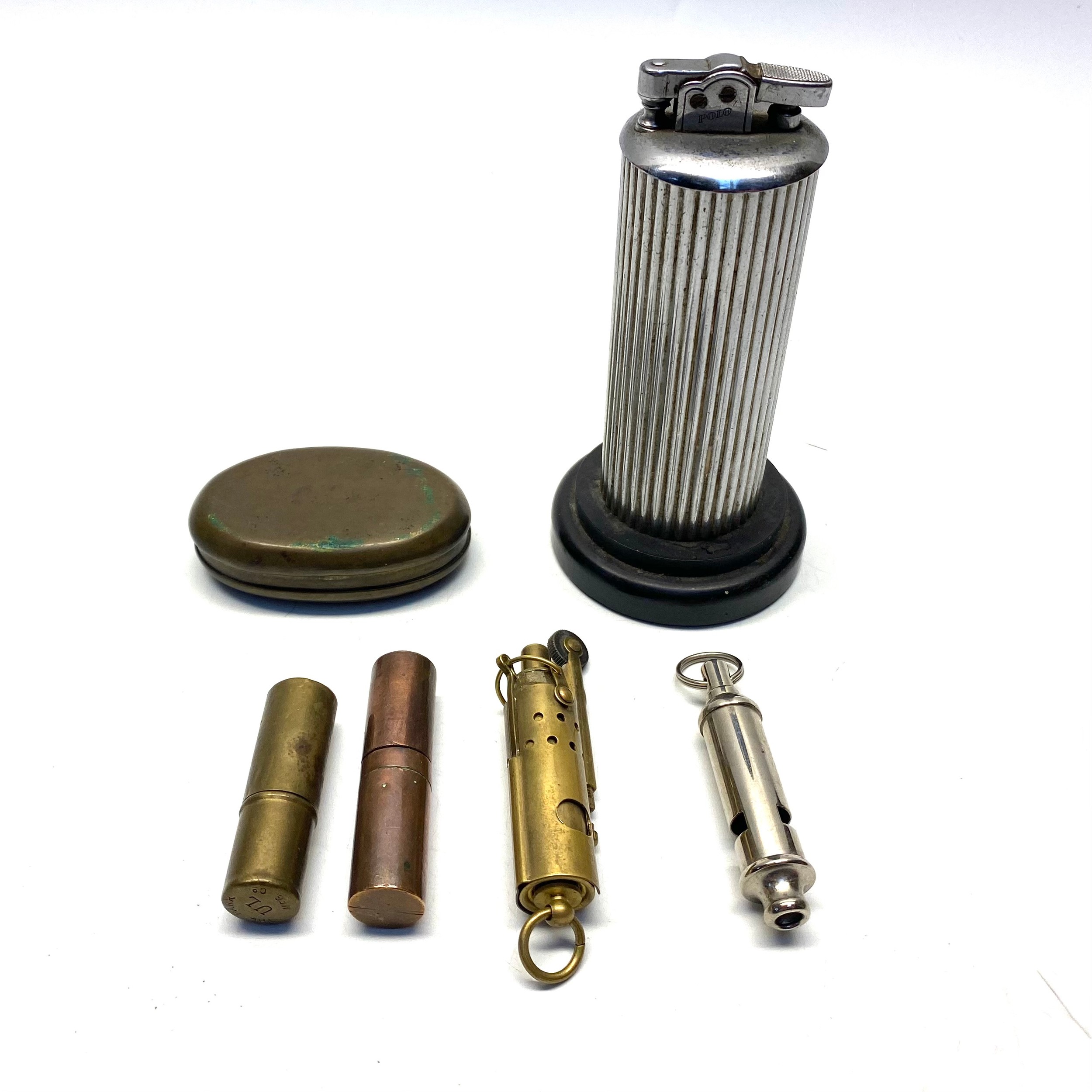 Polo lighter, WWI lighters and a snuff box.