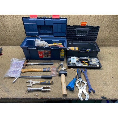 2 tool boxes including contents including pipe cutter,spanners and hammer.