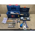 2 tool boxes including contents including pipe cutter,spanners and hammer.