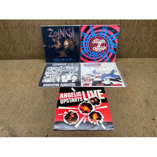 Collection of 5 vinyl LP records including: Angelic Upstarts and Zoinks.
