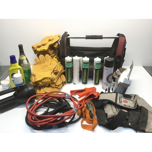 Mixed tools including gloves, Stanley tool box with silicon sealant and ...