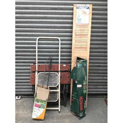 A quantity of garden tools including Bosch hedge trimmer, step ladder ...