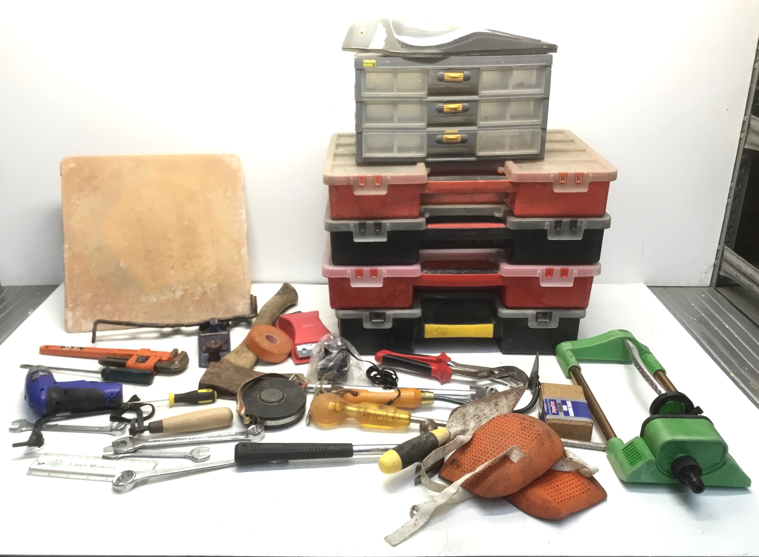Tool/screw storage boxes and a quantity of tools