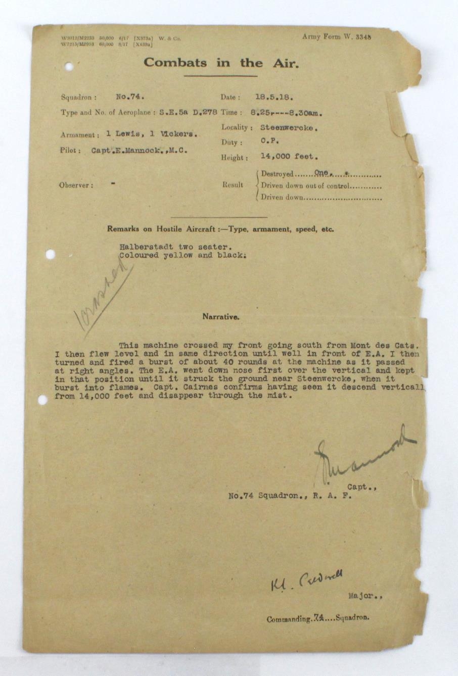RFC WW1 interest - original Army Form W.3348 Combats in the Air - 74 ...