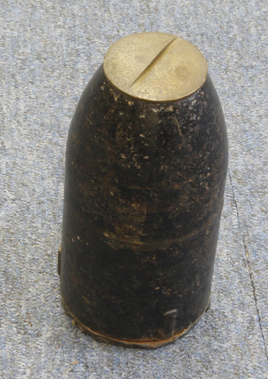 WW1 4 inch mortar projectile with brass fuse cap. Deactivated.