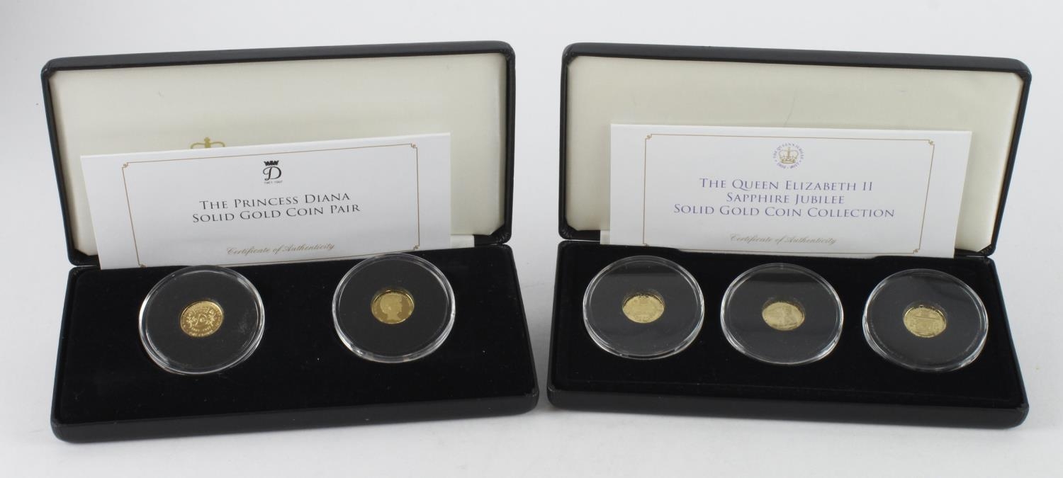 Tristan da Cunha 9ct gold proof-like mini coins (5) in two cased sets ...