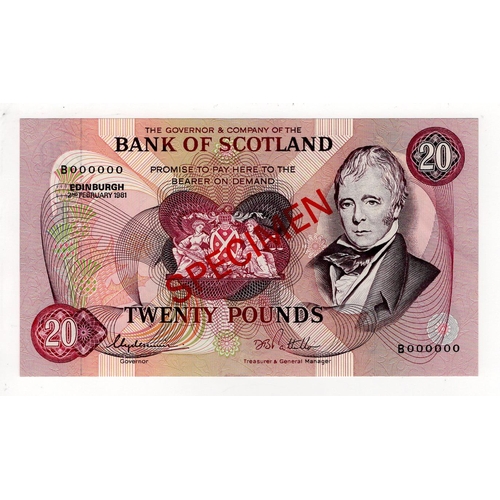 Scotland, Bank of Scotland 20 Pounds dated 2nd February 1981, SPECIMEN ...