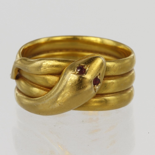 18ct yellow gold triple coil snake ring with ruby eyes, finger size O/P ...