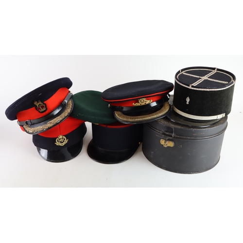 Military peaked caps various, plus an HMS Bronington sailors hat in tin ...