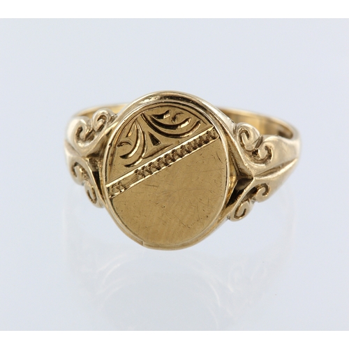 9ct yellow gold oval head signet ring with scroll shoulders and ...