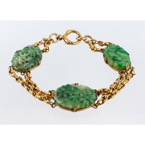 9ct yellow gold double chain bracelet with three floral carved jade ...