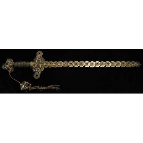 China, Coin Sword 50cm plus pommel, made from 108 cash coins on an iron ...