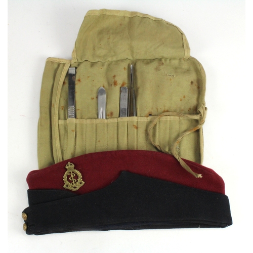 RAMC side hat with field medical set and various dressings.