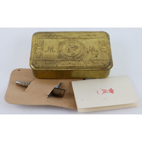 WW1 Princess Mary 1914 brass tin with bullet pencil, M marked with ...