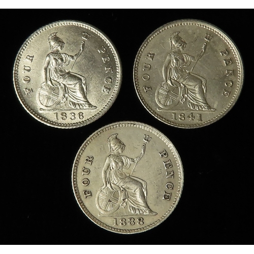 Groats (3): 1836 EF-GEF, 1841 EF (scarce), and 1888 VF.