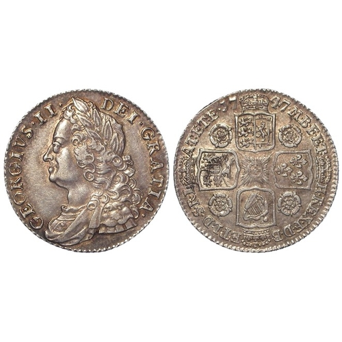 Shilling 1747 roses in angles, S.3702; ESC 1728, nEF. Ex. Croydon Auctions.