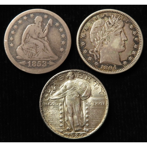 USA Quarters (3): 1853O rays & arrows Fine; 1894S toned EF, and 1929 AU.