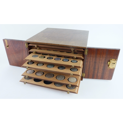 World Coins, a 14-tray mahogany coin cabinet near full of coins 19th ...