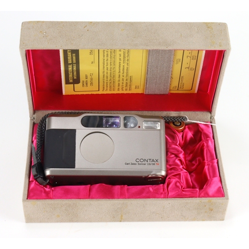 Contax T2 silver compact camera, with original warranty card, contained ...