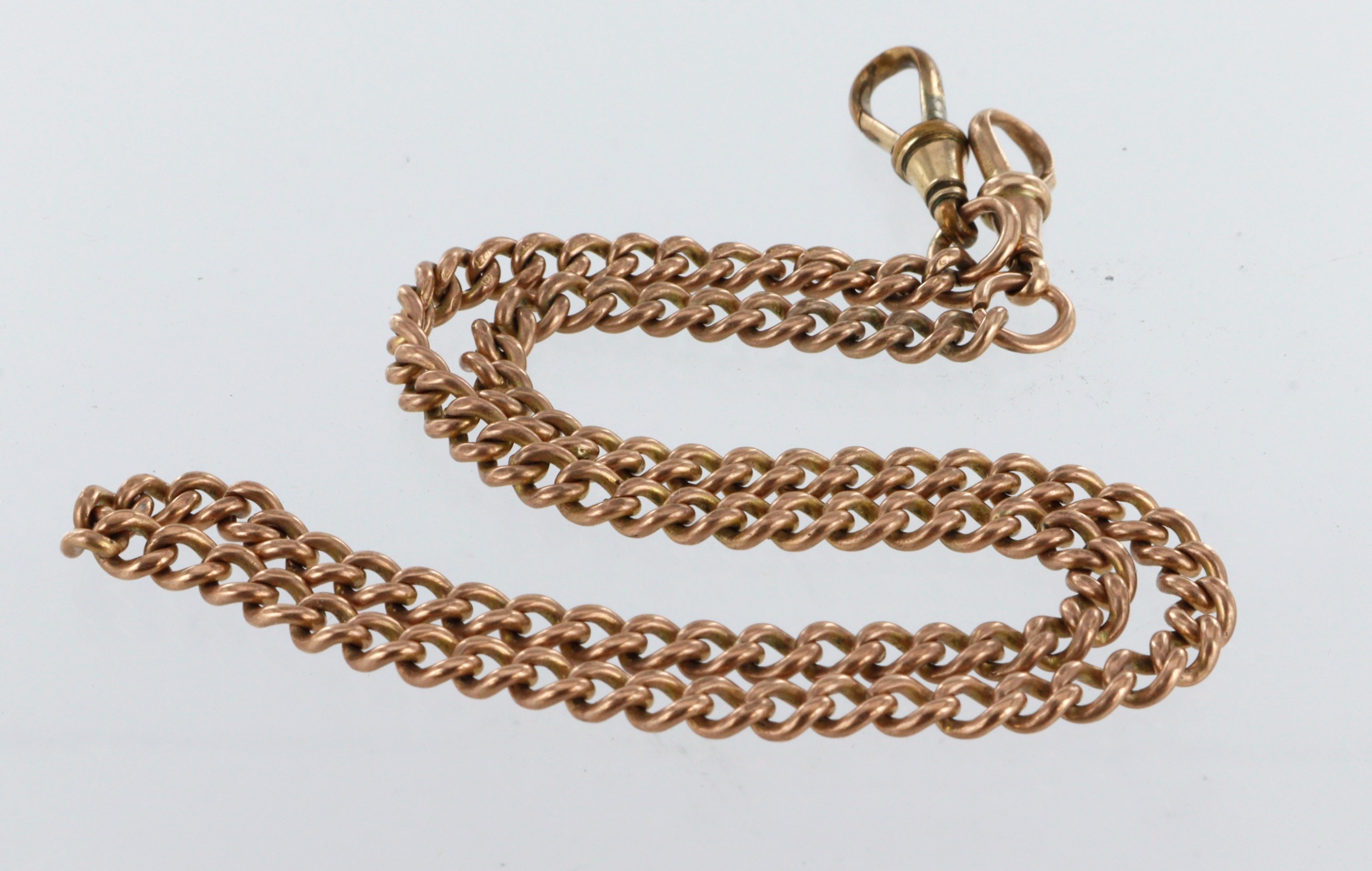 9ct rose gold watch chain with two swivel clasps, length 43.5cm, weight ...