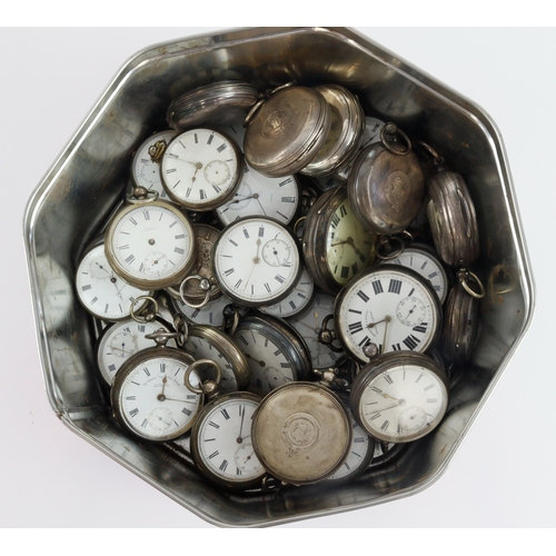 Metal tin containing a good assortment of thirty nine silver cased open ...