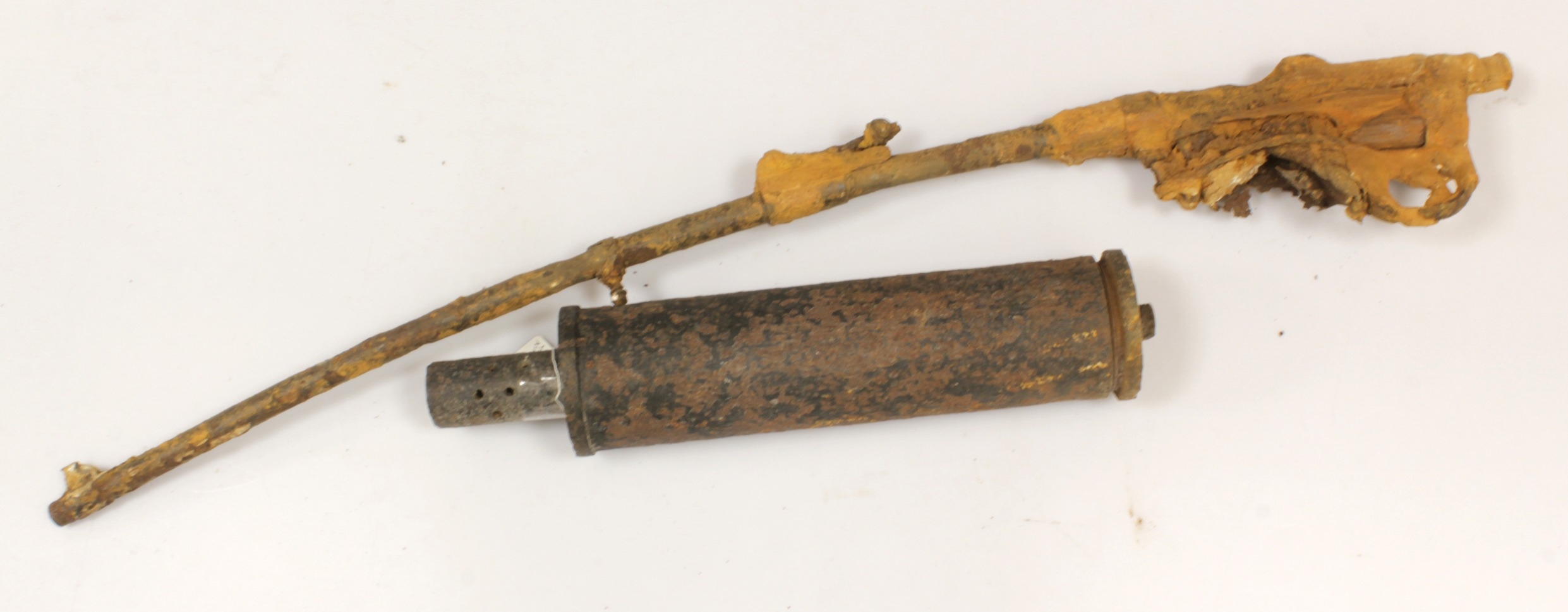 Inert Stokes mortar bomb, a WWI battle find, rusted. Also a relic SMLE ...